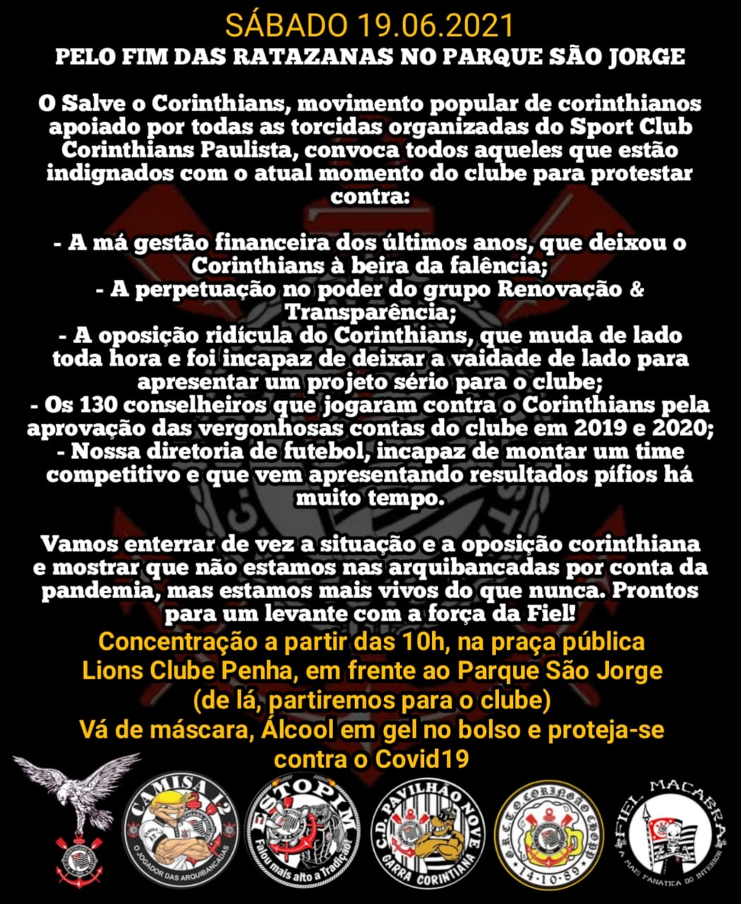 Organizadas do Corinthians convocam torcedores para protesto no sábado