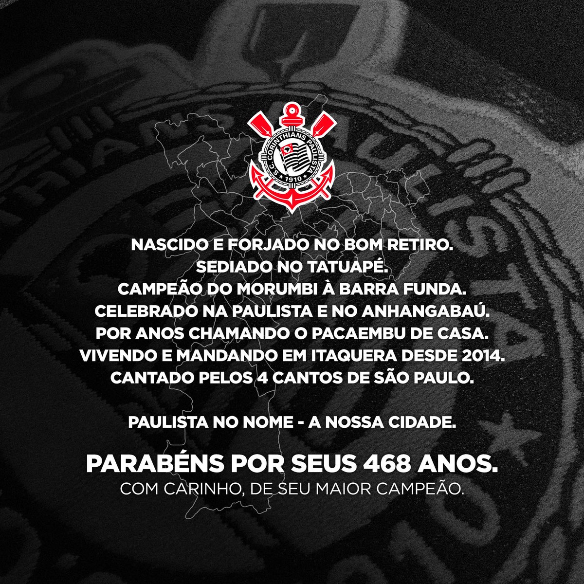 Em felicitação à cidade de São Paulo, Corinthians brinca com sua ...